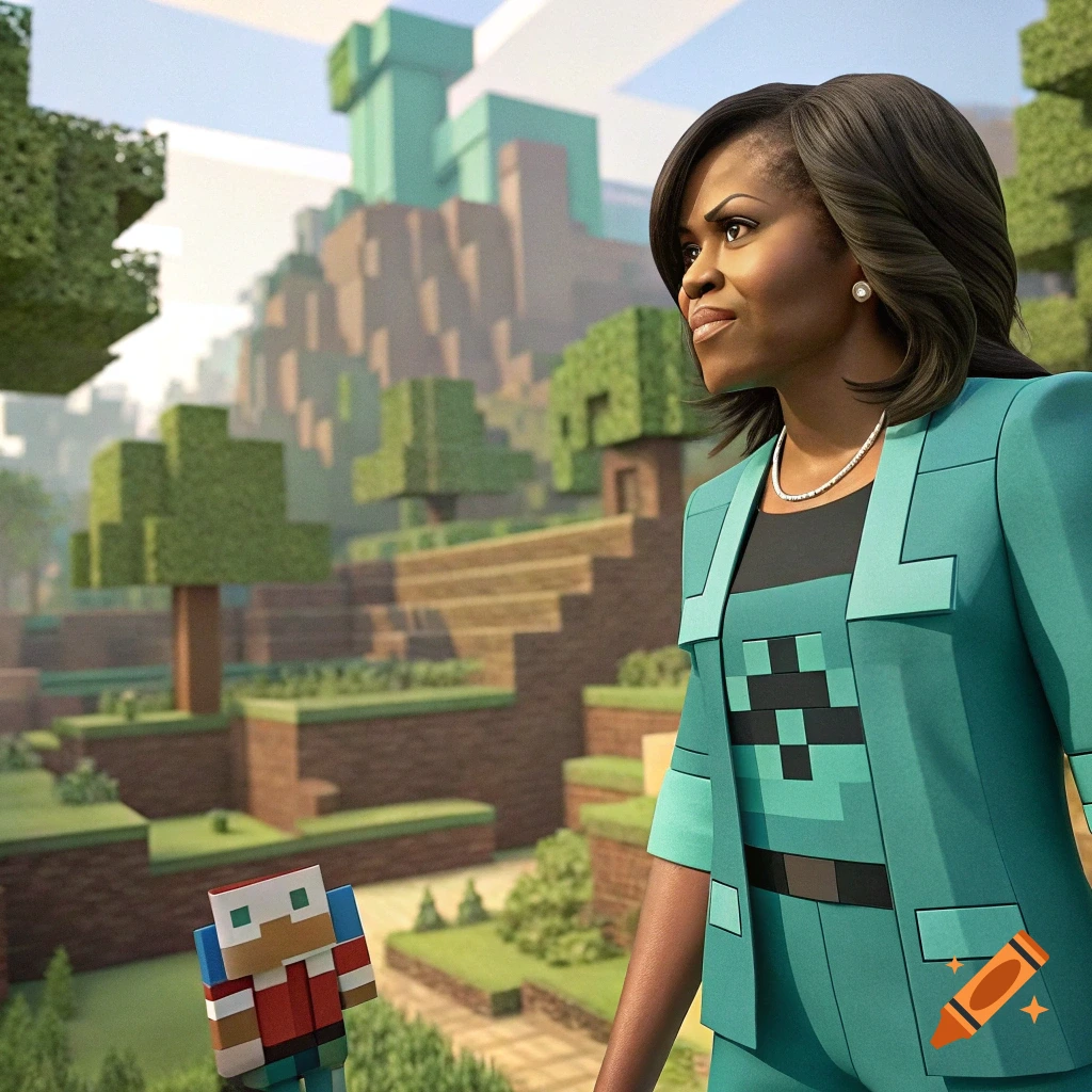 Alex in live-action Minecraft movie, portrayed by Michelle Obama on Craiyon