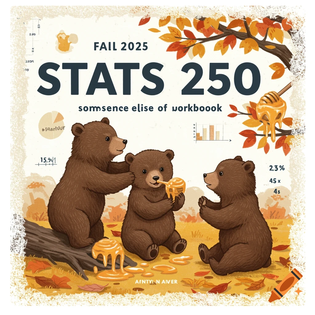 Hand-drawn cover for STATS 250 workbook, Fall 2025, with baby bears ...