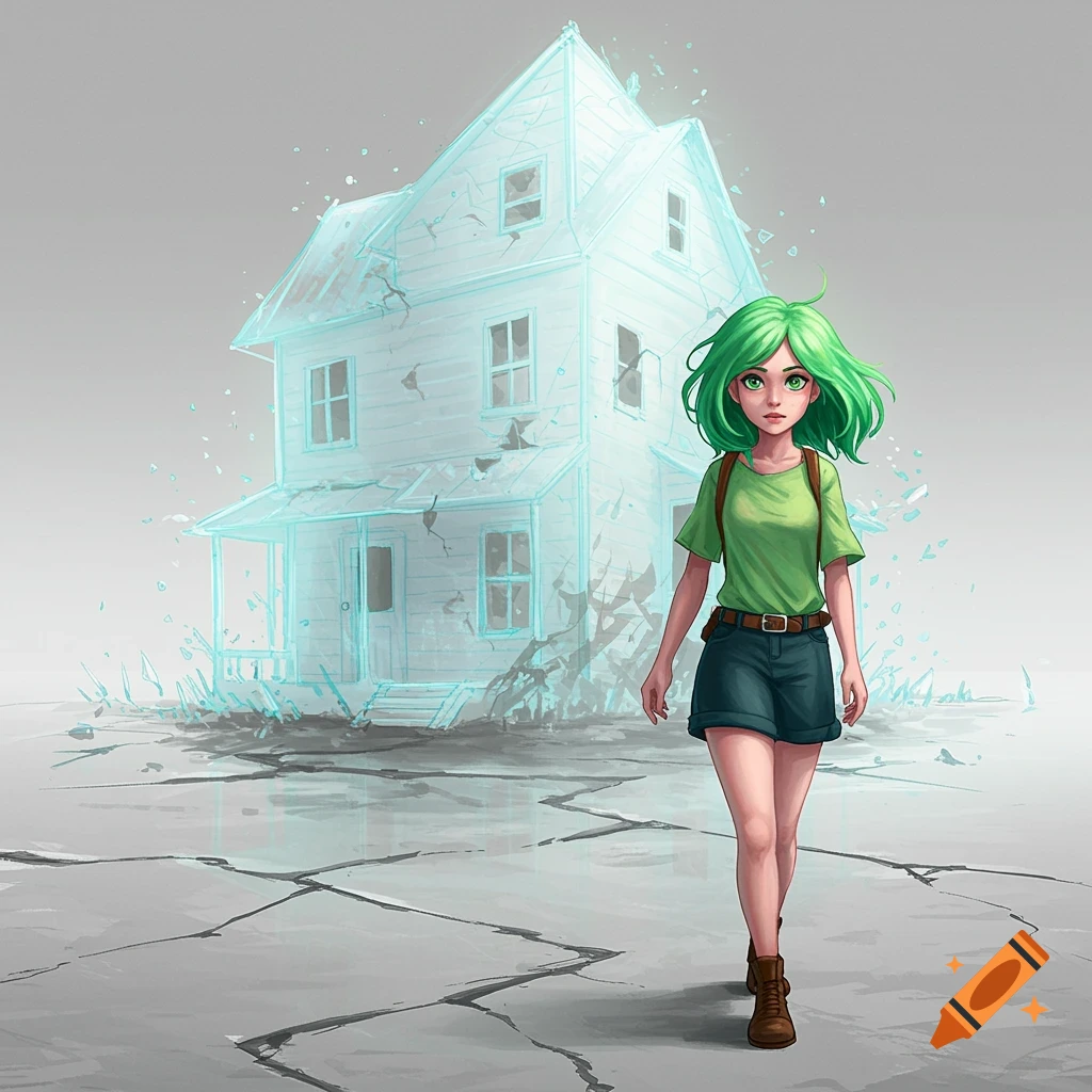 Solena walking in gray world with fragile, transparent house on Craiyon