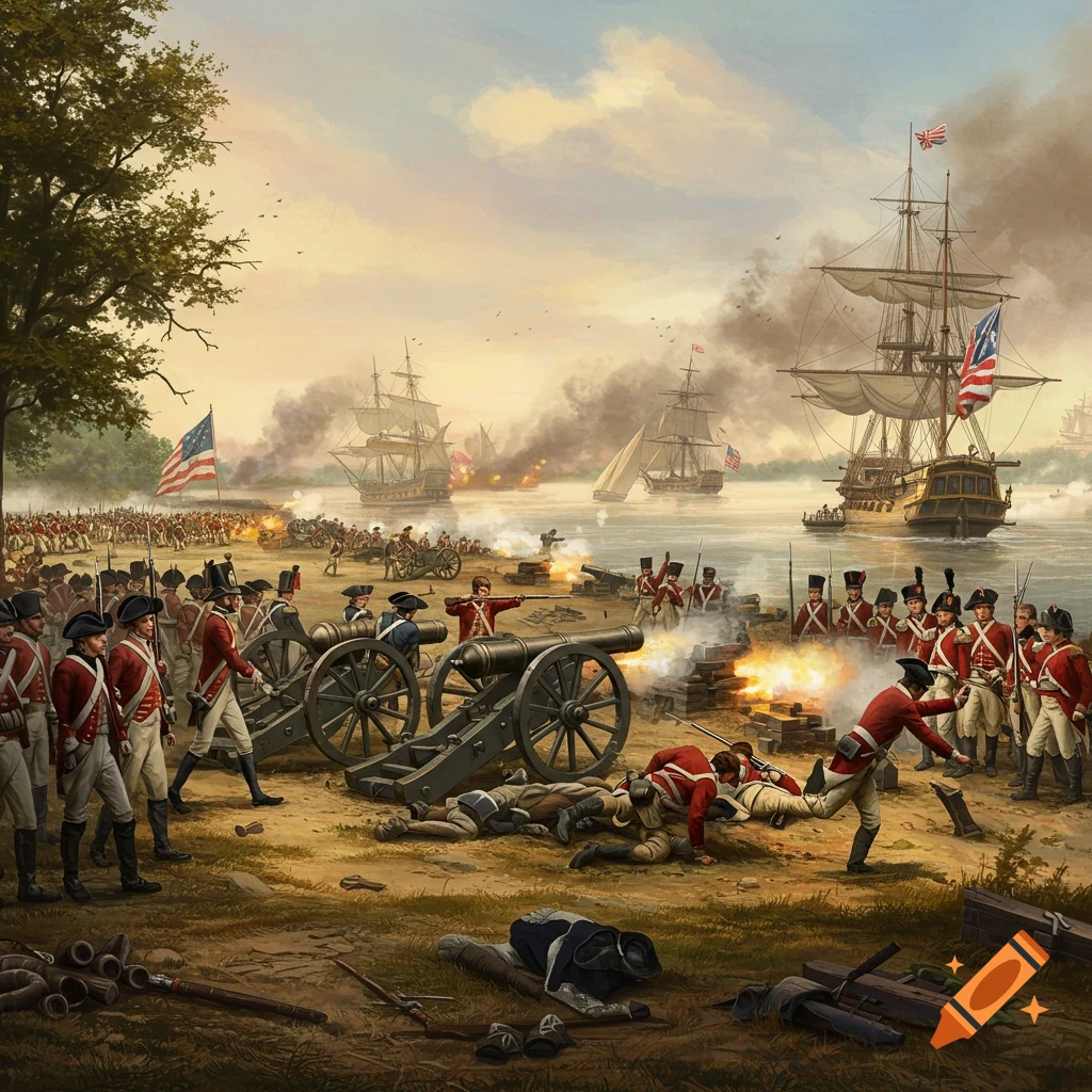 Painting of a historical battle on a shore with soldiers, cannons ...