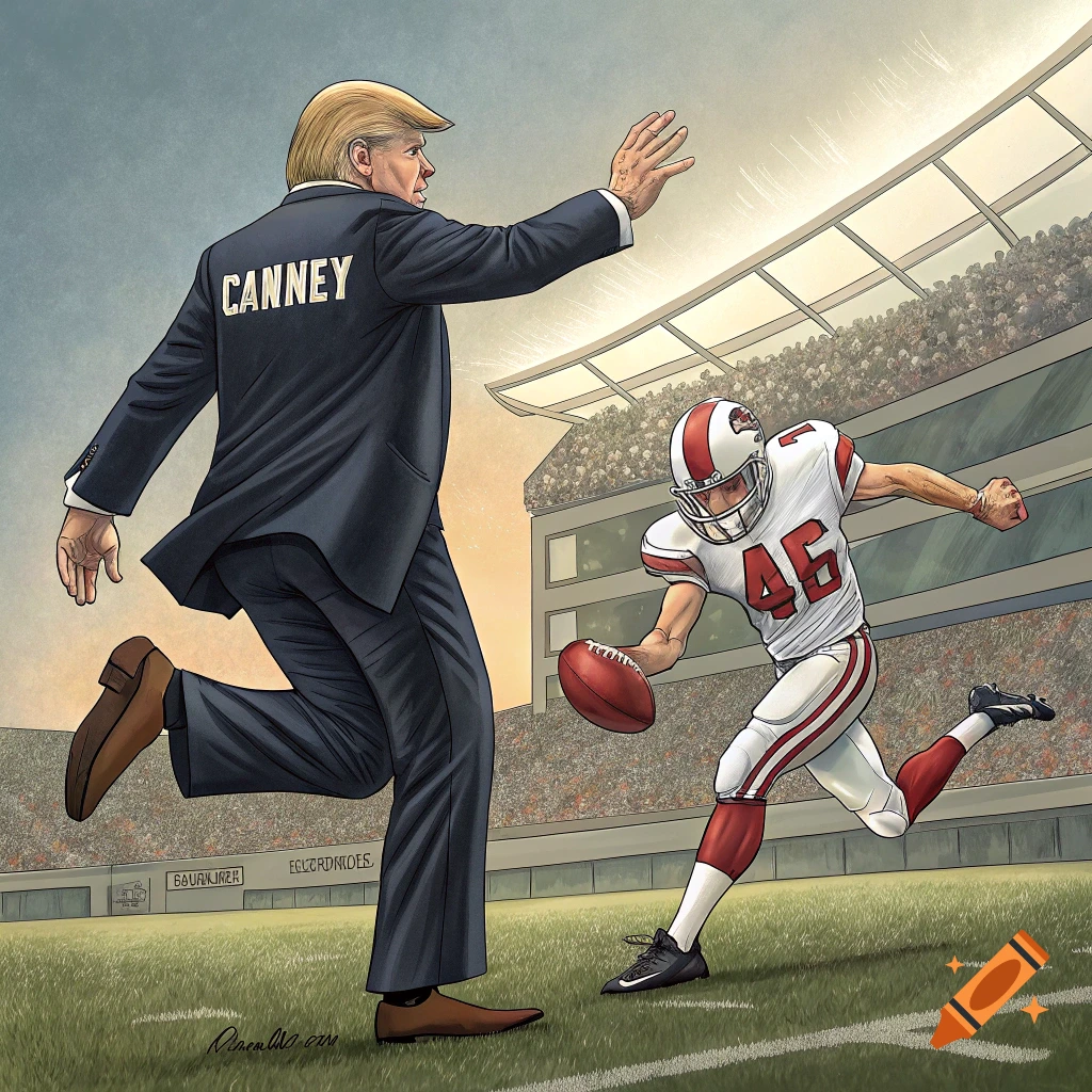 Illustration of Donald Trump reaching for a football kicked by a player ...