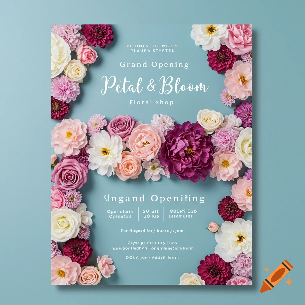 Grand Opening Flyer for Petal & Bloom floral shop on Craiyon