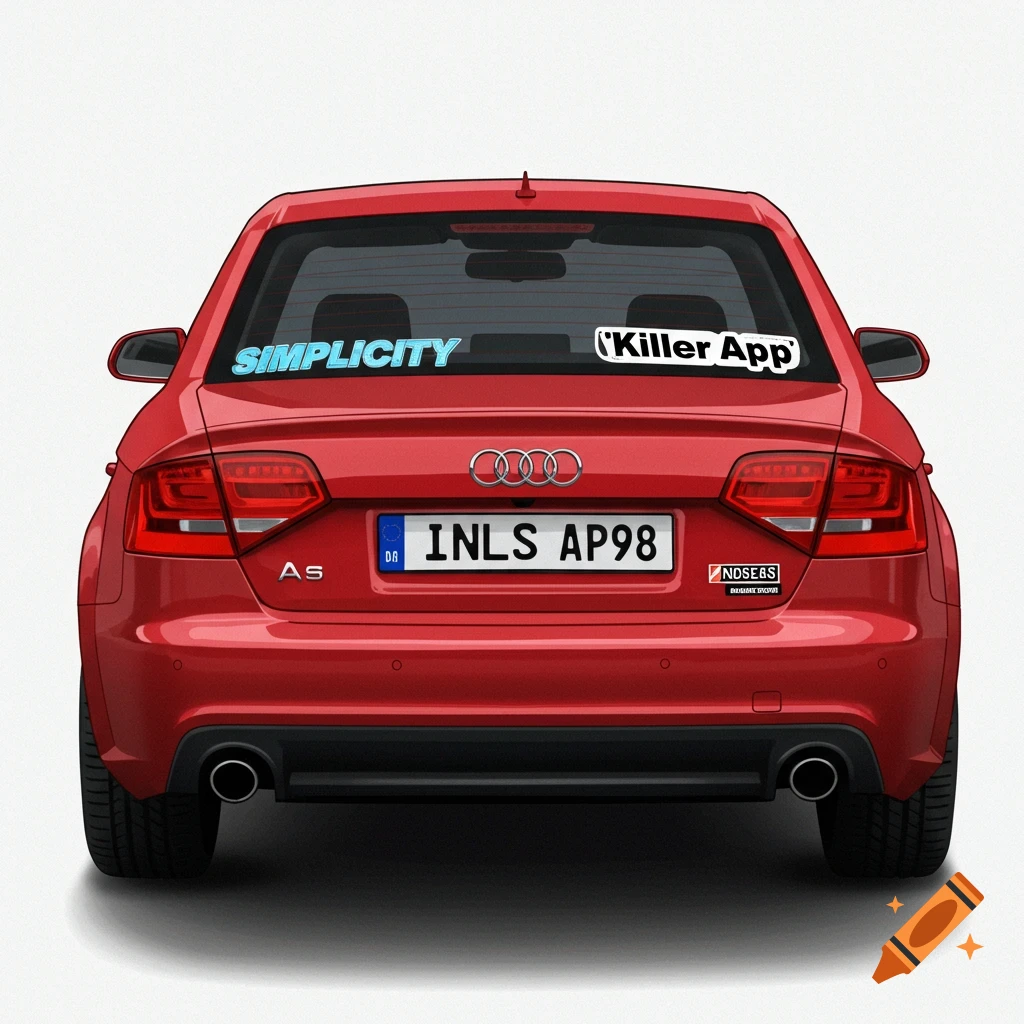 Red Audi A4 rear view with bumper sticker reading 'SIMPLICITY is the ...