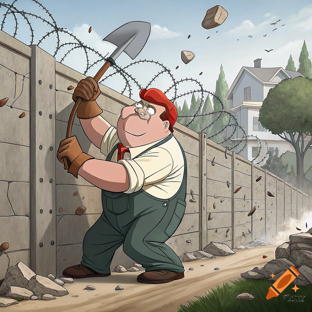 Peter Griffin breaking through barbed wire concrete wall on Craiyon