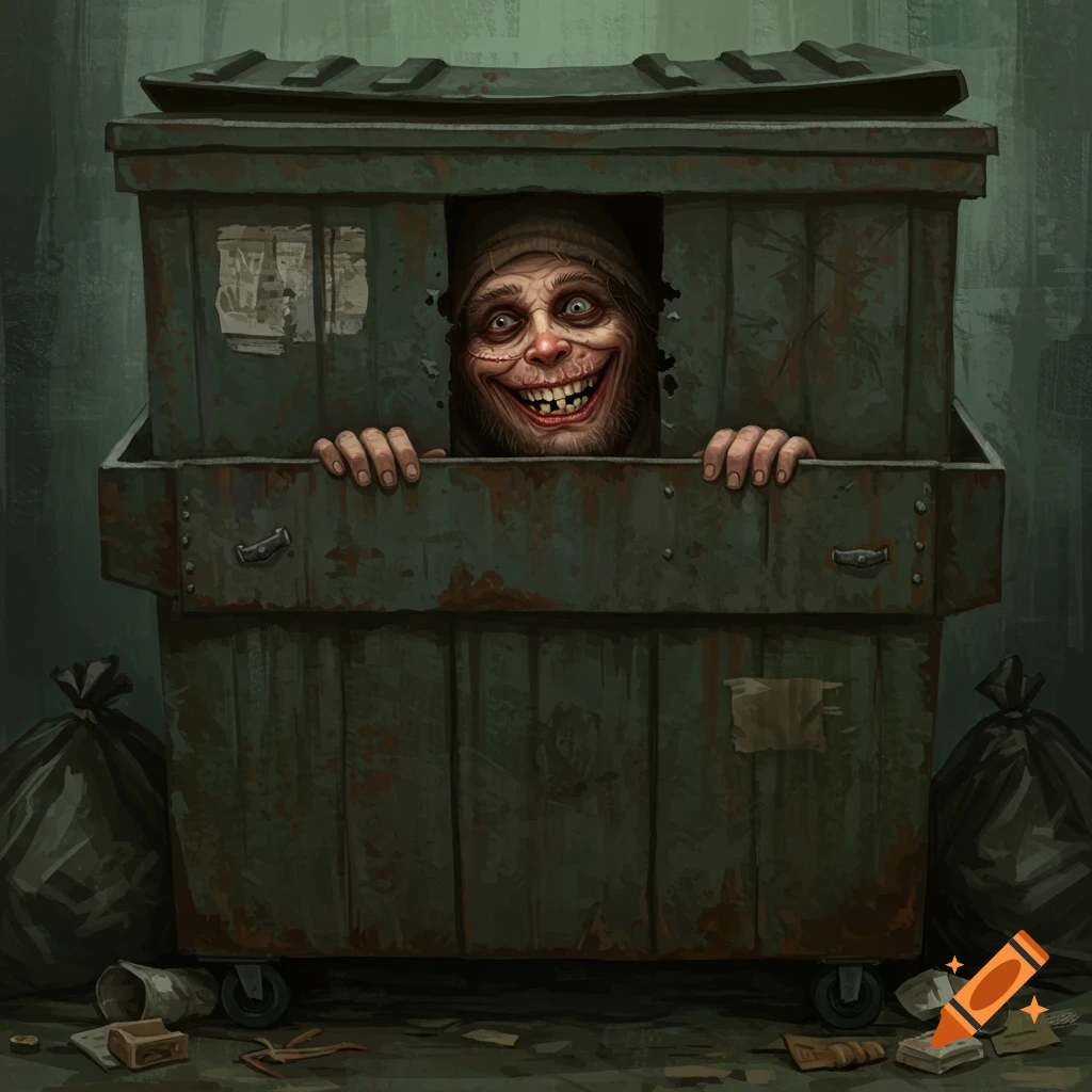 Disfigured hobo smiling behind dumpster on Craiyon
