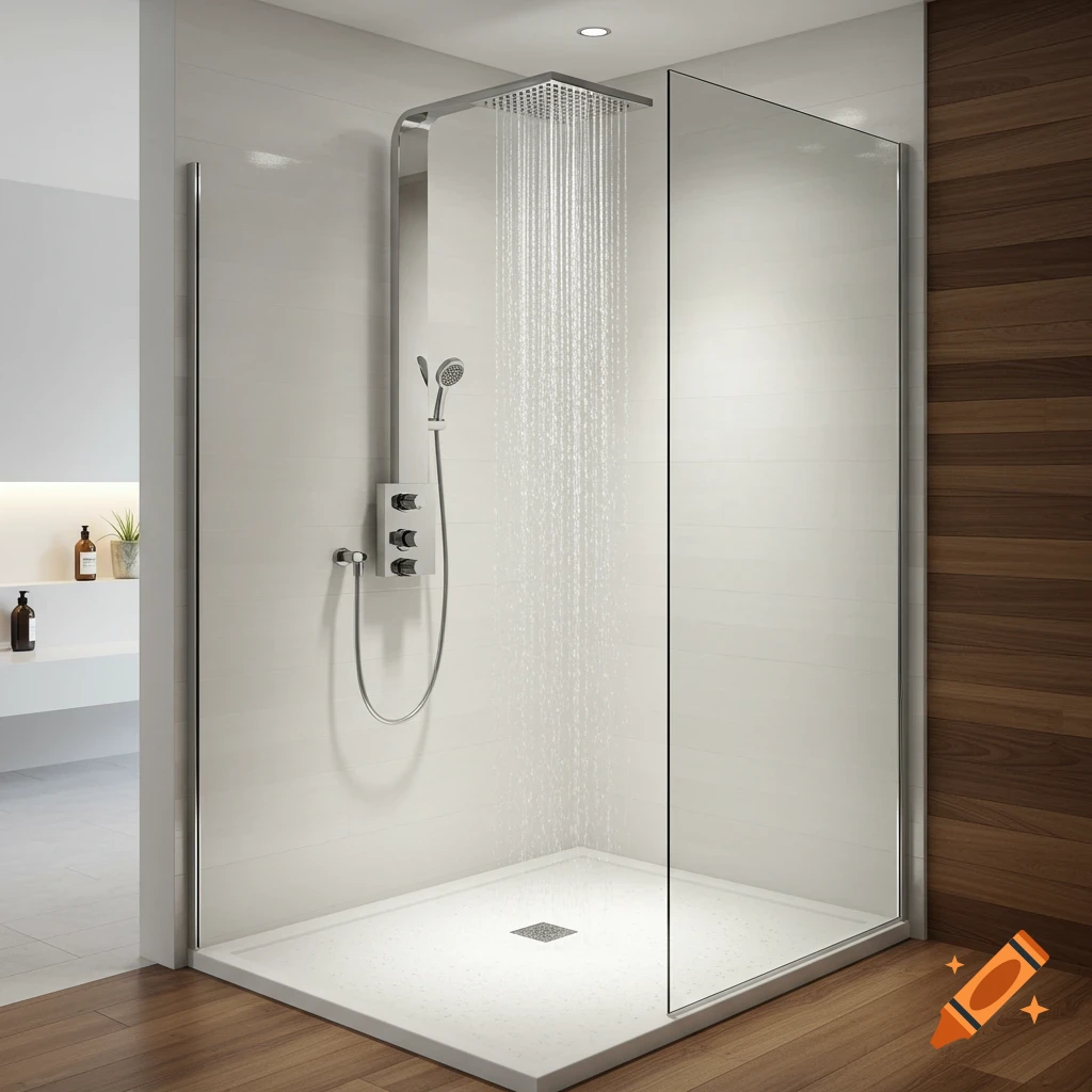A modern bathroom shower with a large square showerhead and glass ...