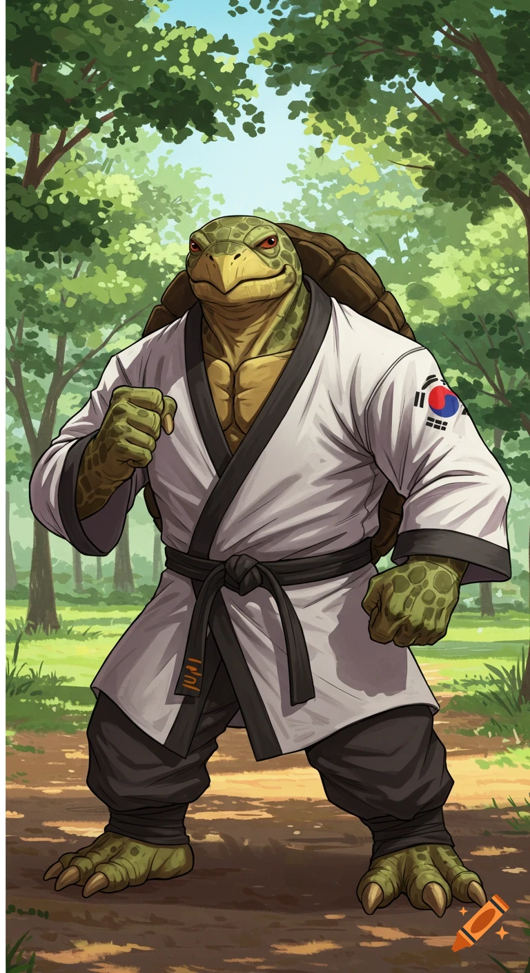 Muscular humanoid turtle in kimono, park background, watercolor ...