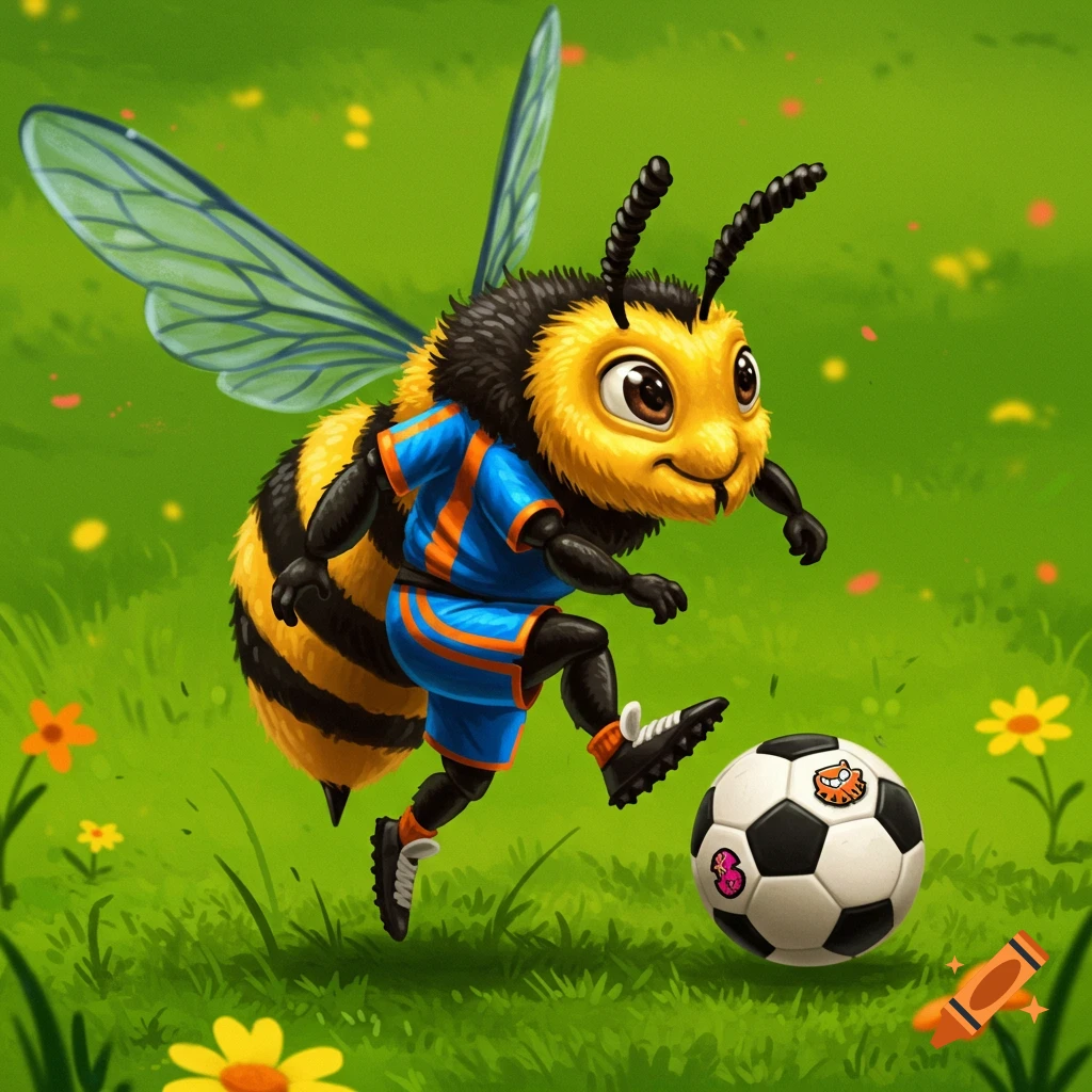 A cute cartoon bee in a soccer uniform kicks a soccer ball on a grassy ...