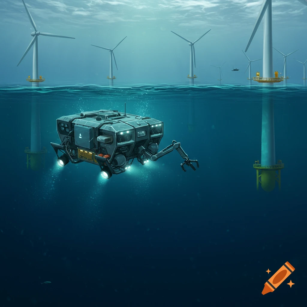 An ROV surveys underwater wind turbine foundations in a digital ...