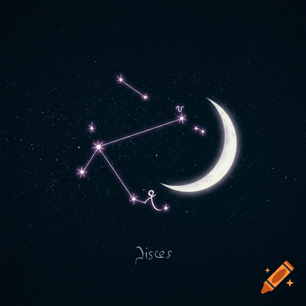 Pisces constellation lines connecting stars beside a crescent moon in a ...