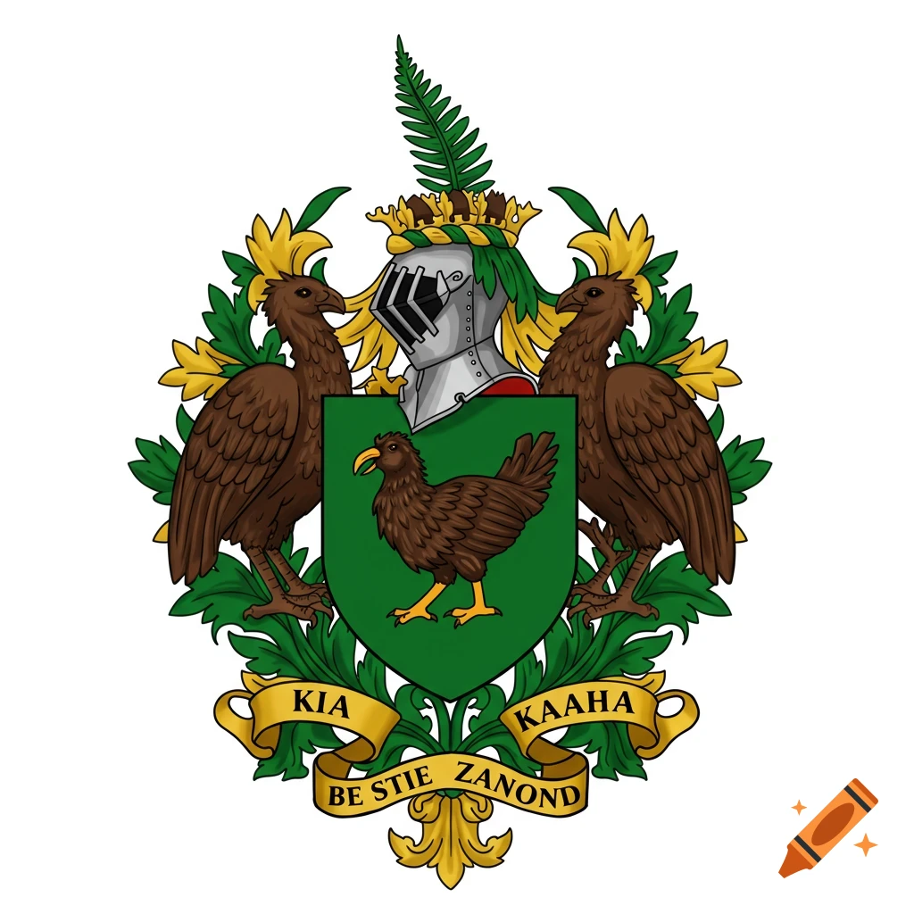 An illustration of a coat of arms with birds, shield, helmet, fern, and ...