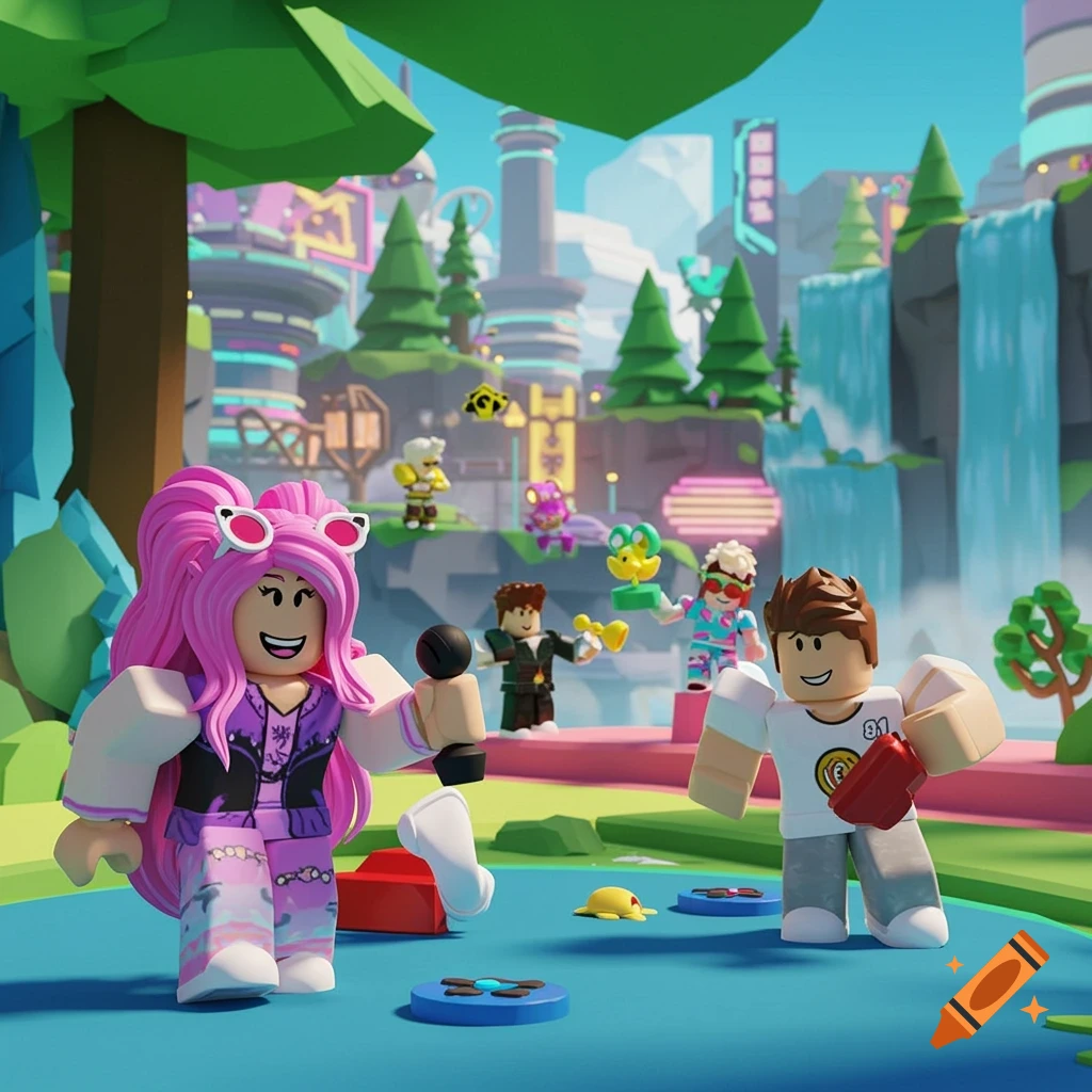 Roblox-style characters in a colorful world with waterfalls and ...