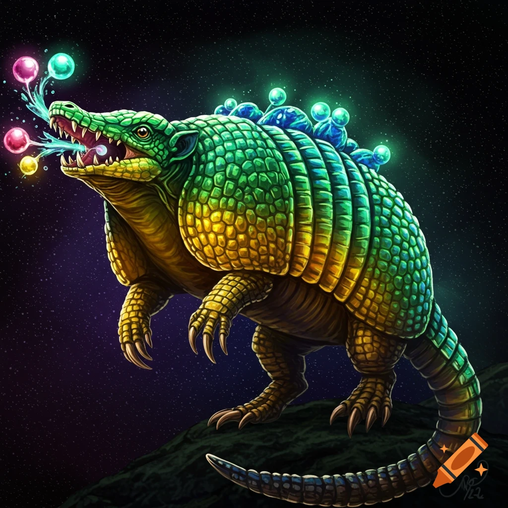Fantasy creature, armadillo-crocodile hybrid spitting colorful bubbles in a starry sky on Craiyon