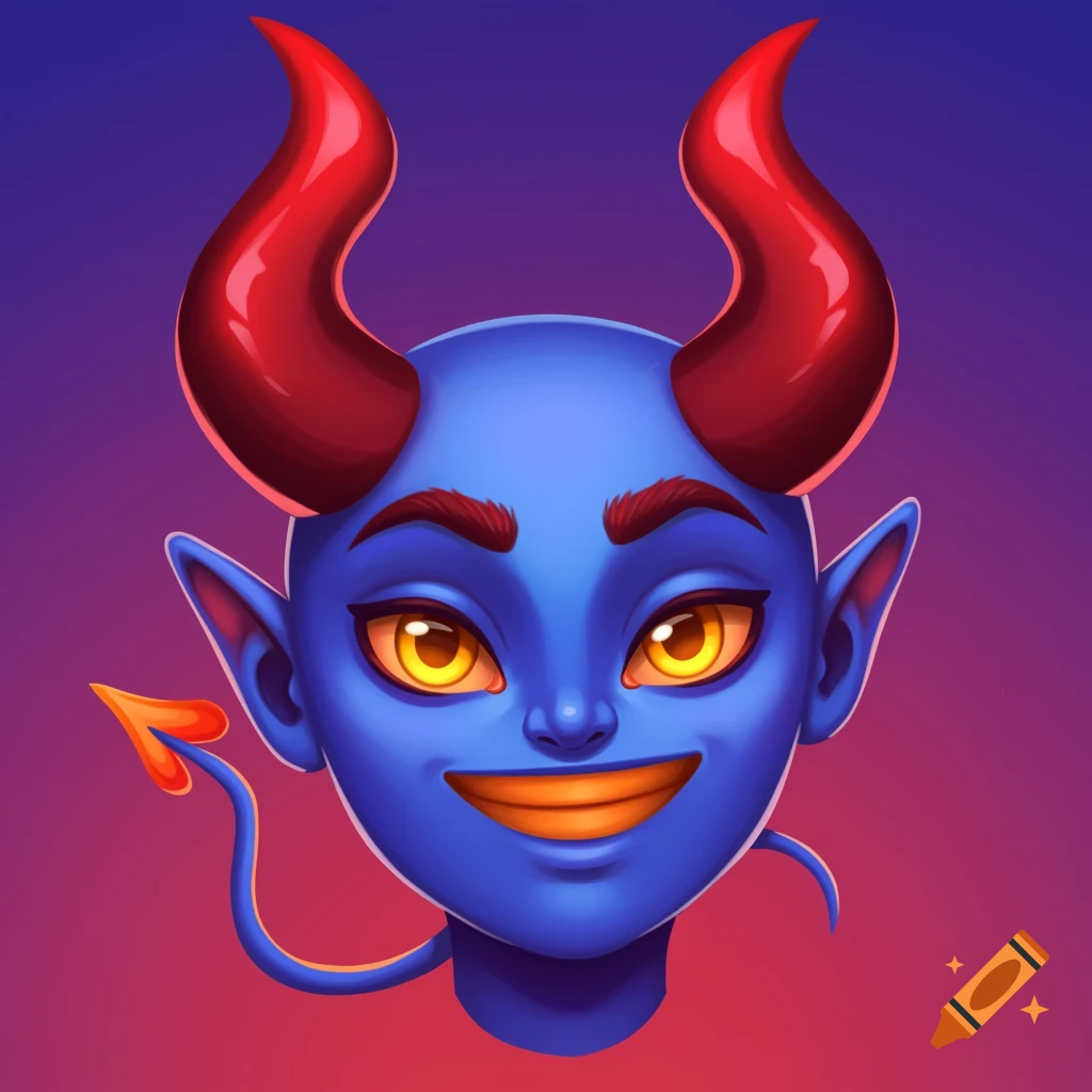 Cartoon portrait of a blue devil character with red horns and yellow ...