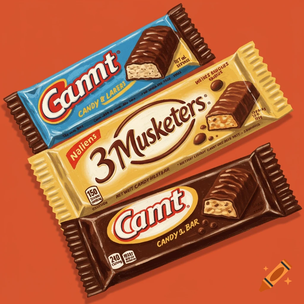 Close-up illustration of three candy bars stacked, including one ...