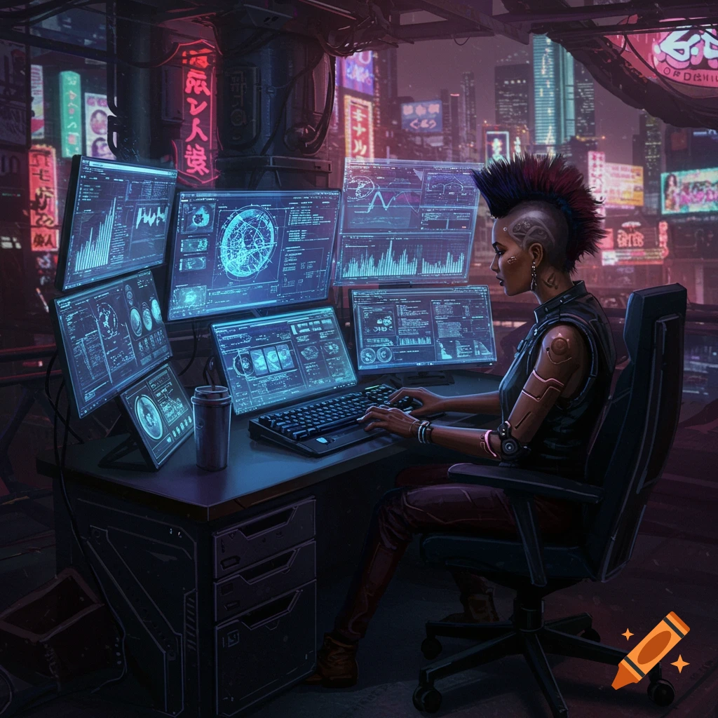 Cyberpunk neon computer workstation on Craiyon