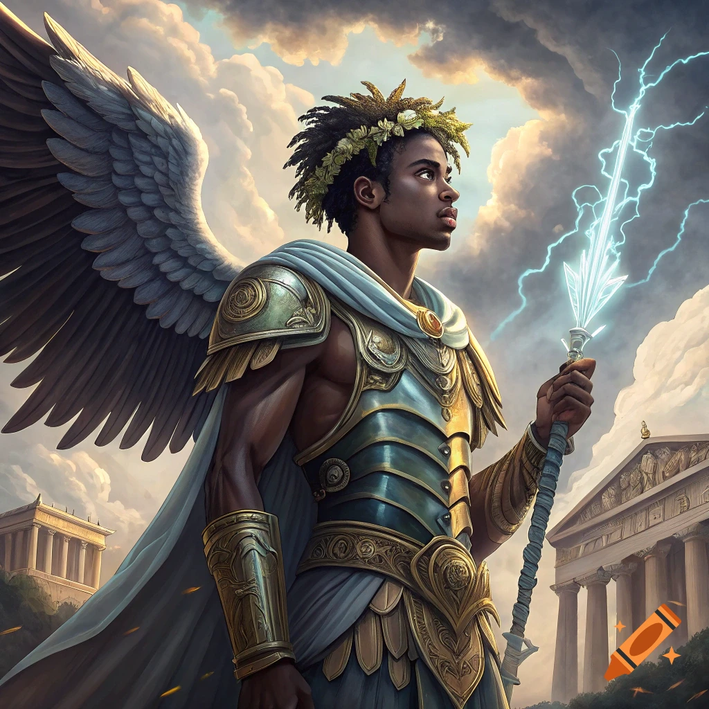 Winged man in golden armor holds a lightning spear before classical ...