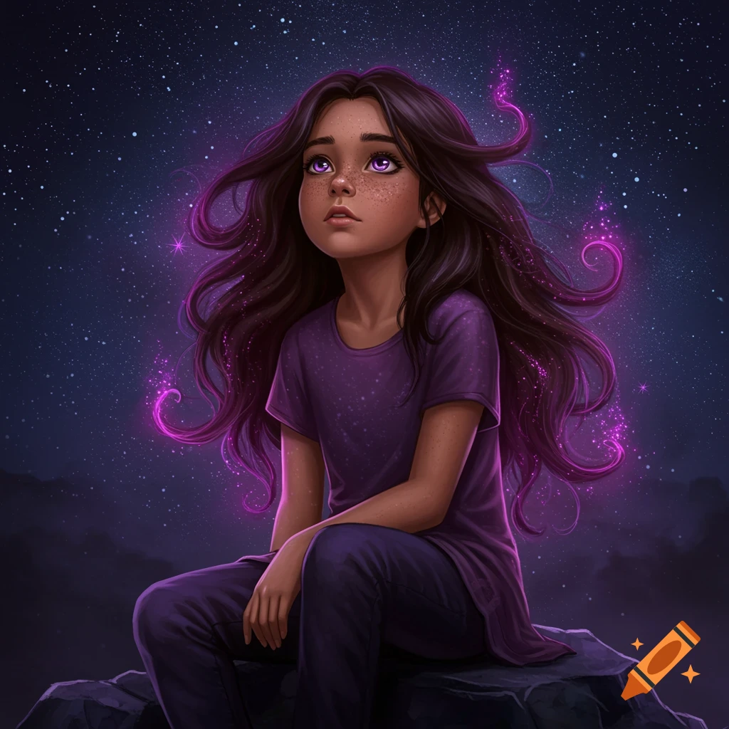 Girl with purple magic looking at stars on Craiyon