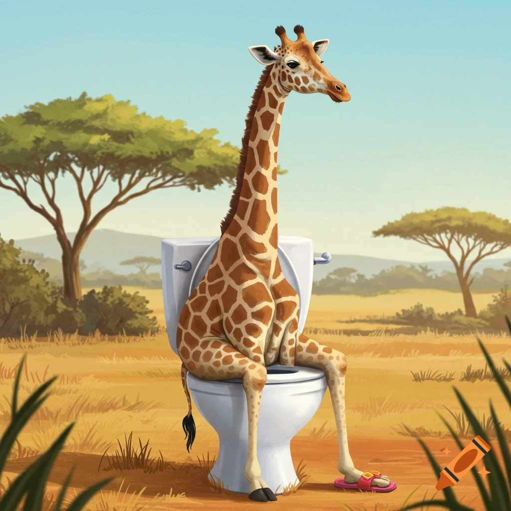 A giraffe with human feet sits on a toilet in the middle of a sunny ...