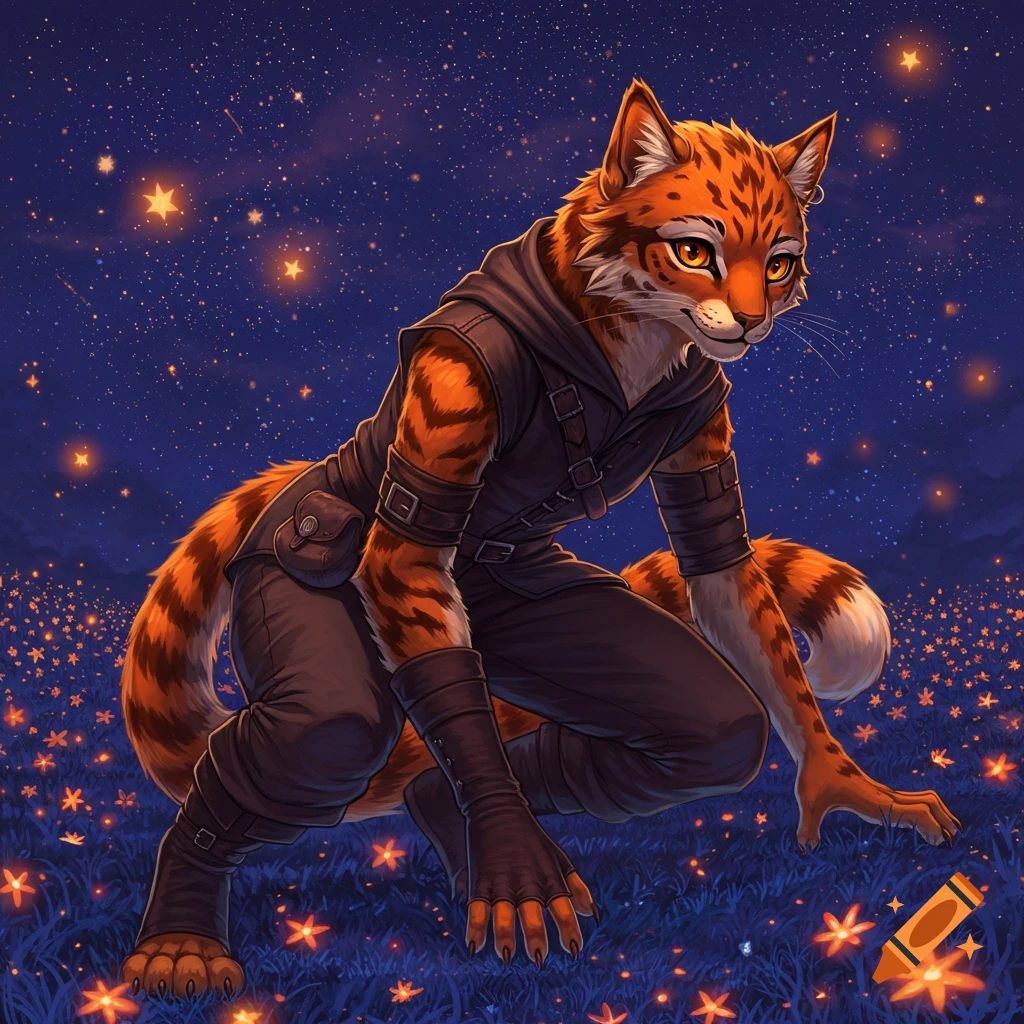Female Tabaxi rogue with lunar orange stars on Craiyon