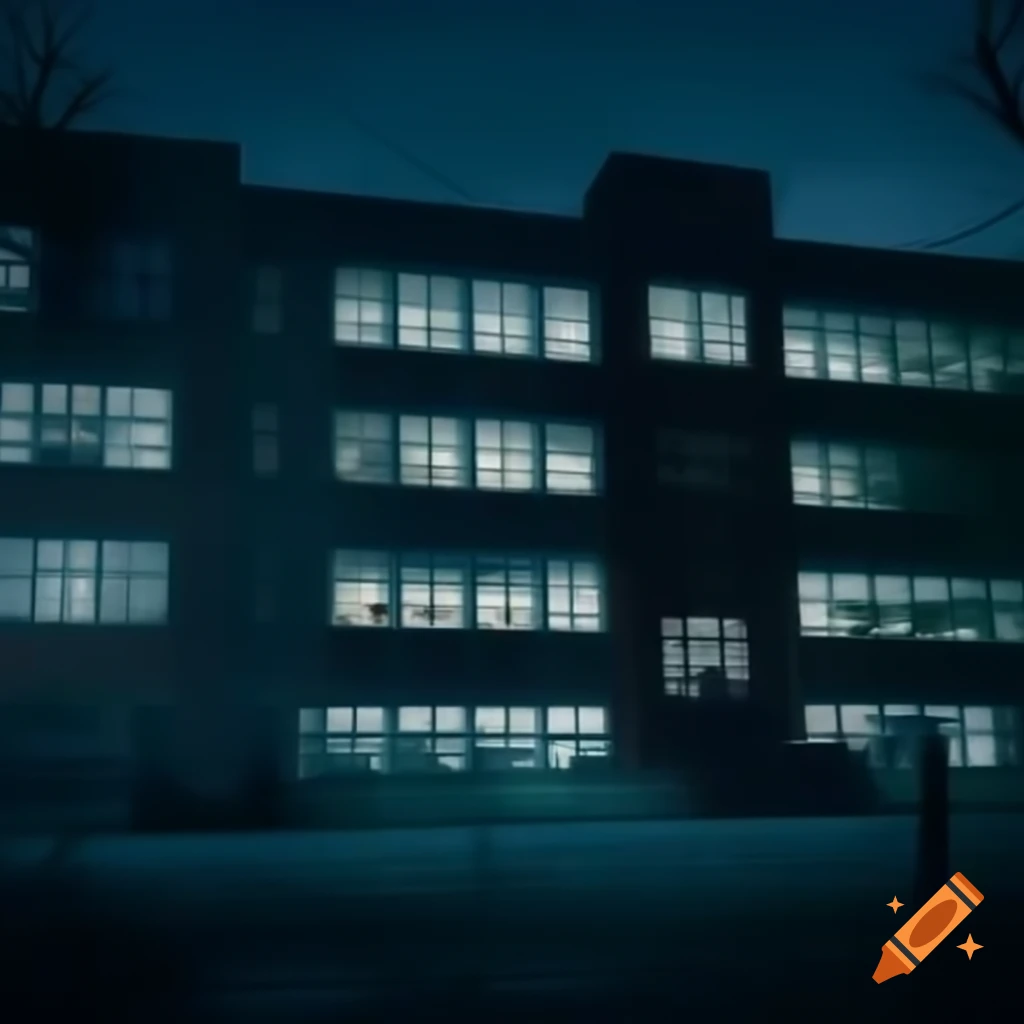 Surreal low-quality photo of a three-story school building at night on ...