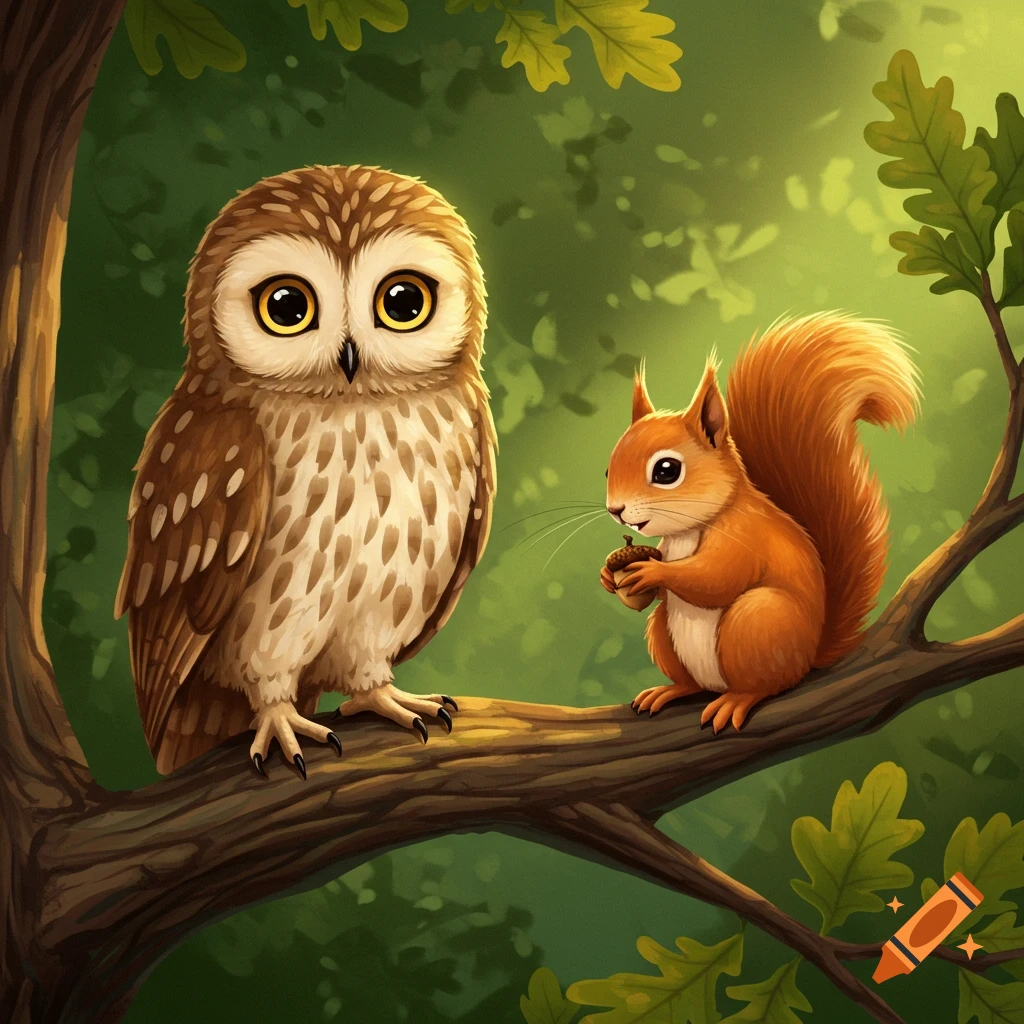 An illustration of an owl and a squirrel sitting together on a tree ...