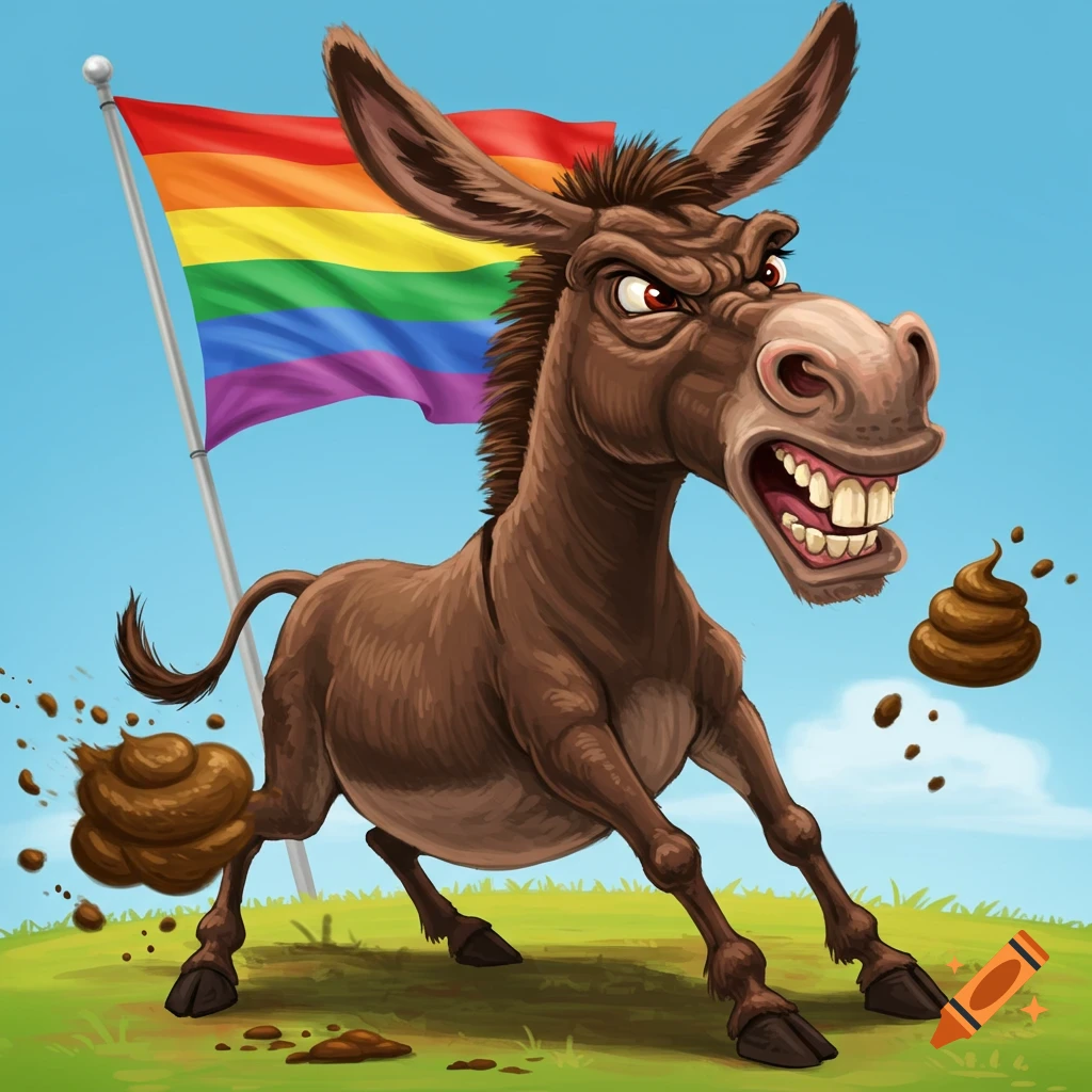 Angry cartoon donkey running and defecating, with a rainbow flag behind ...