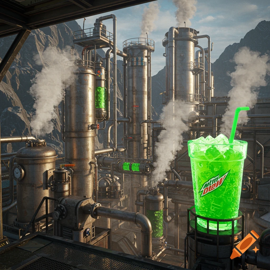 Satisfactory game refinery producing Mountain Dew on Craiyon