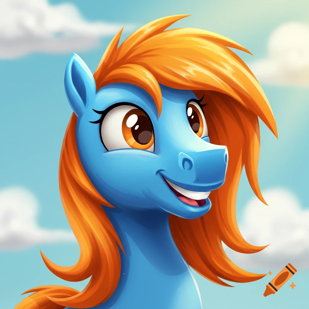 Cartoon portrait of a blue horse with long orange hair against a cloudy ...
