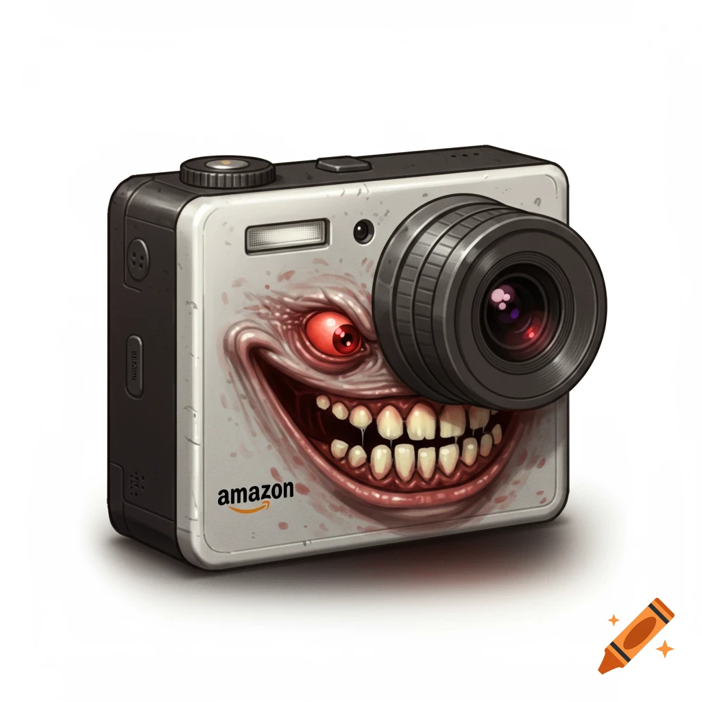 Illustration of a creepy digital camera with a monster face, glowing ...