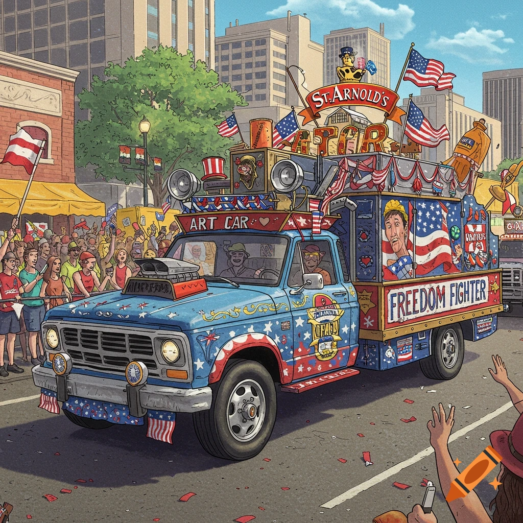 Illustration of a patriotic art car truck in a parade with a crowd ...