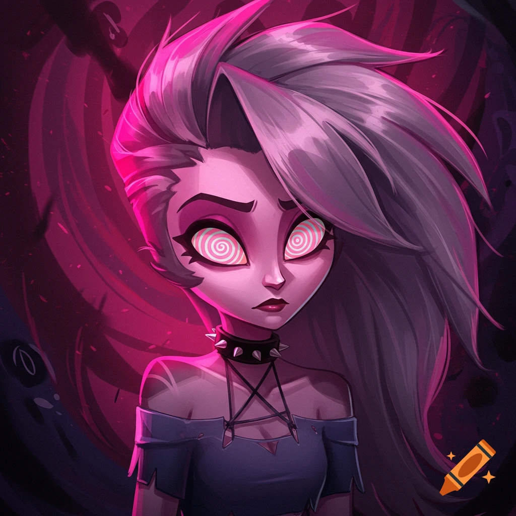 Stylized illustration of Loona from Helluva Boss with glowing eyes and ...