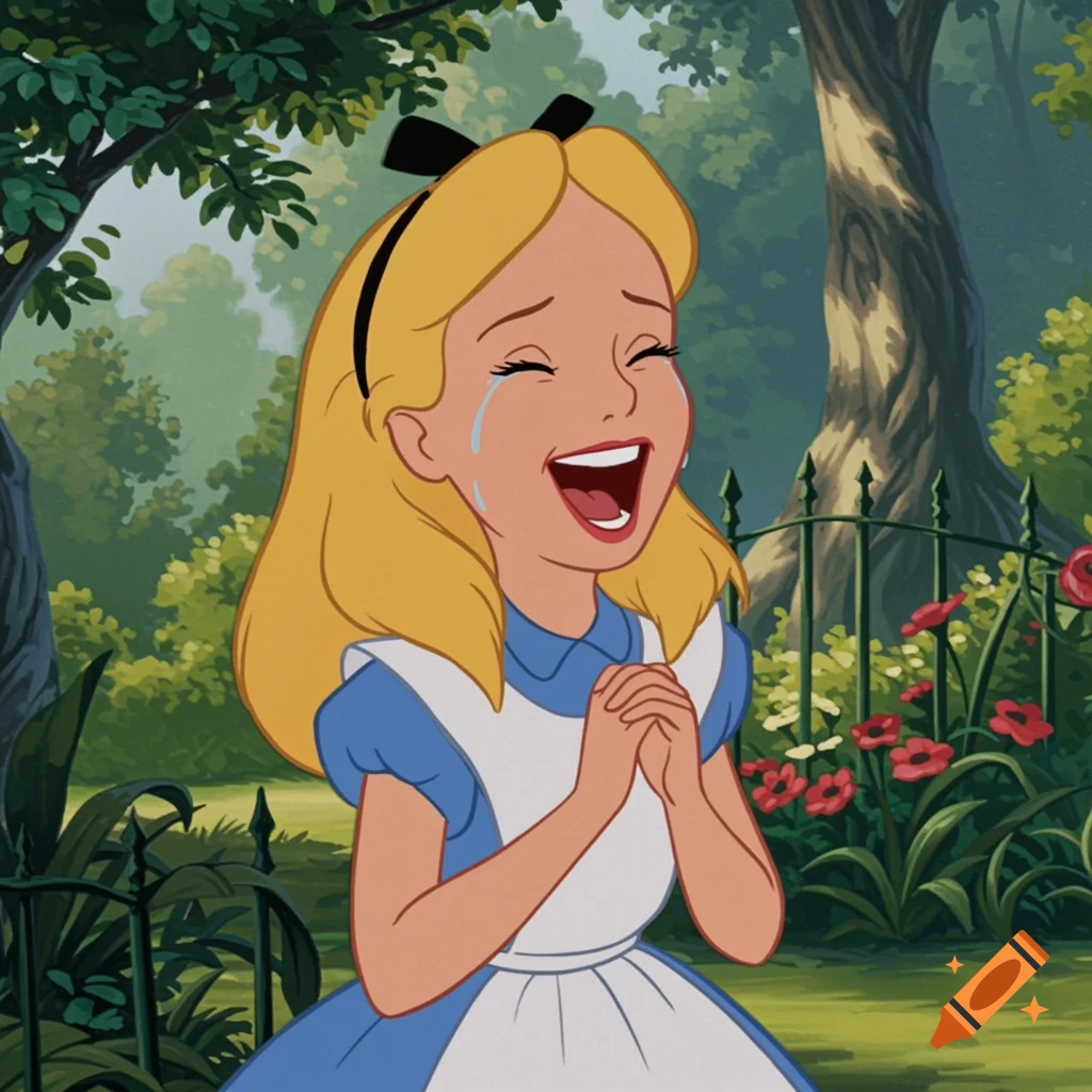 Alice from Disney's Alice in Wonderland laughing and crying on Craiyon