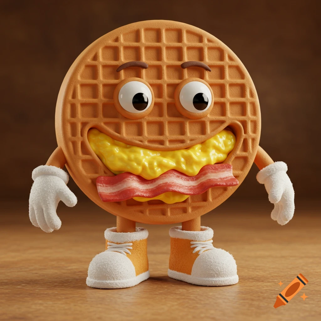 A 3D render of a cartoon waffle character with scrambled eggs and bacon ...