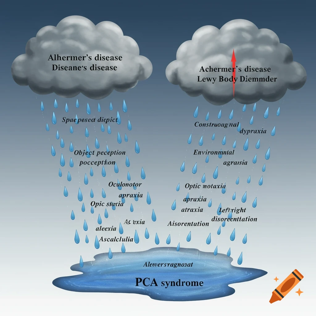 Rain clouds labeled with dementia types raining down on PCA syndrome ...
