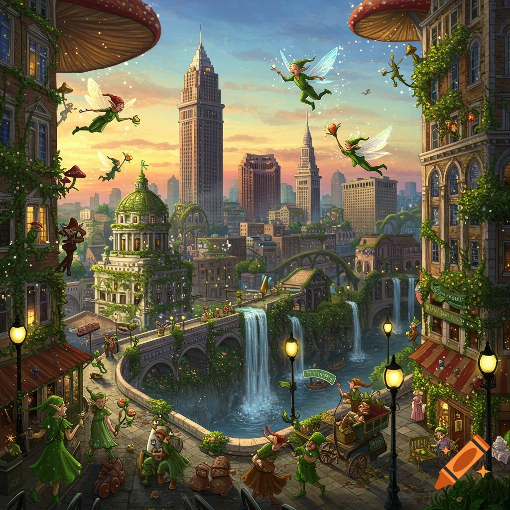 Fantasy cityscape with flying fairies, elves on streets, waterfalls ...