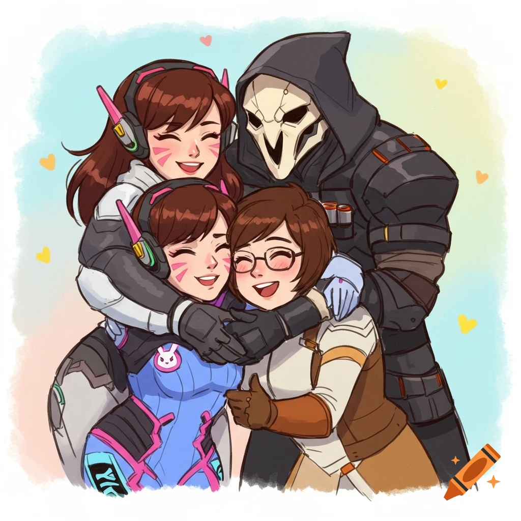 Doodle of D.Va, Mei, Reaper, and Mercy hugging on Craiyon