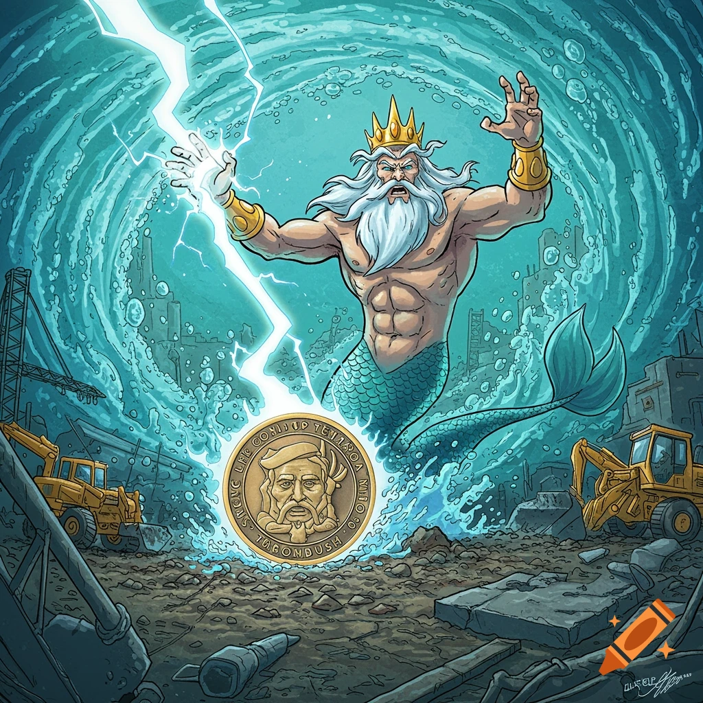 King Triton emerges from water summoning lightning over a construction site, with a large coin ...
