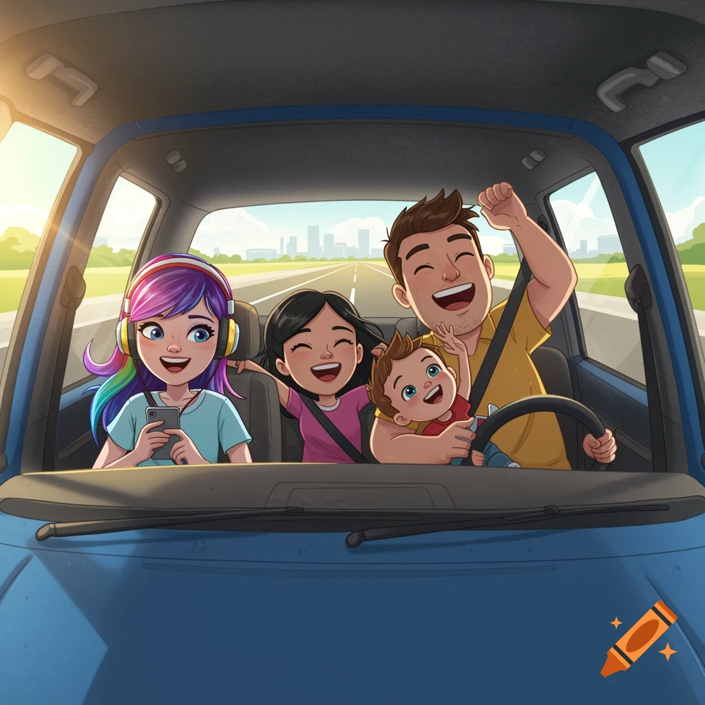 Happy animated family in car going to Walmart on Craiyon