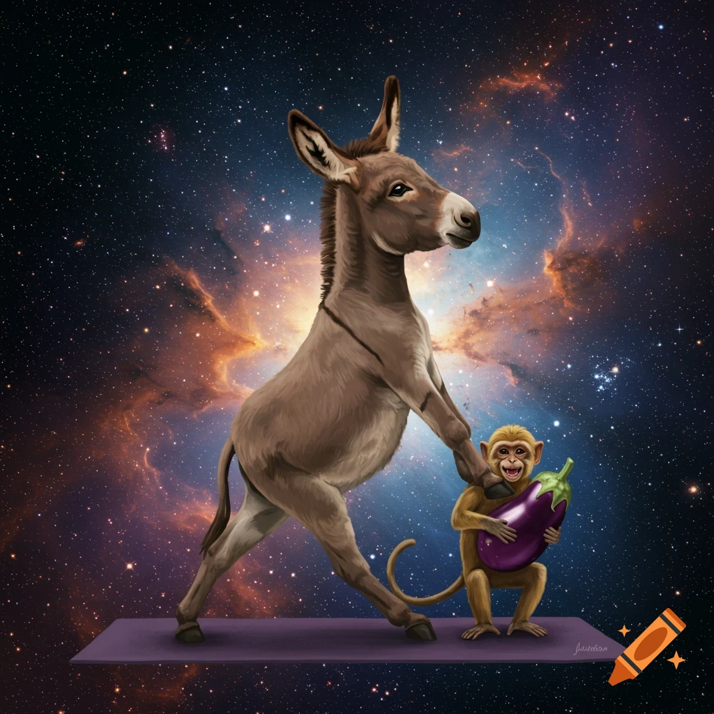 Donkey with Arabian monkey holding eggplant doing yoga in space on Craiyon