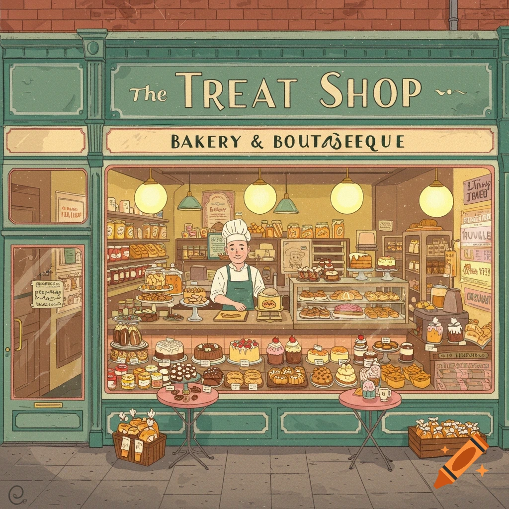 An illustration of a baker standing behind the counter in a Treat Shop ...
