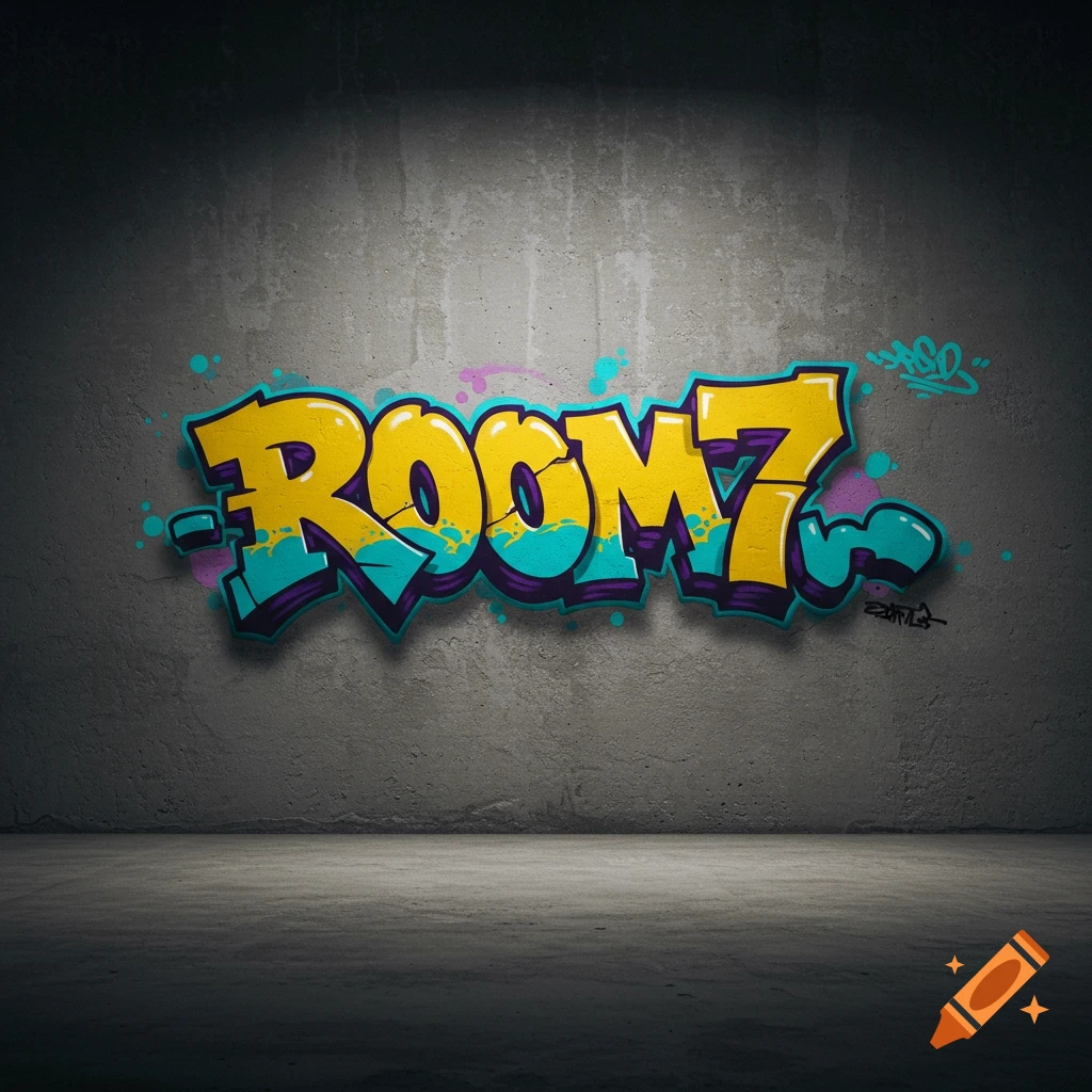 Graffiti text 'ROOM 7' on an empty grey wall on Craiyon