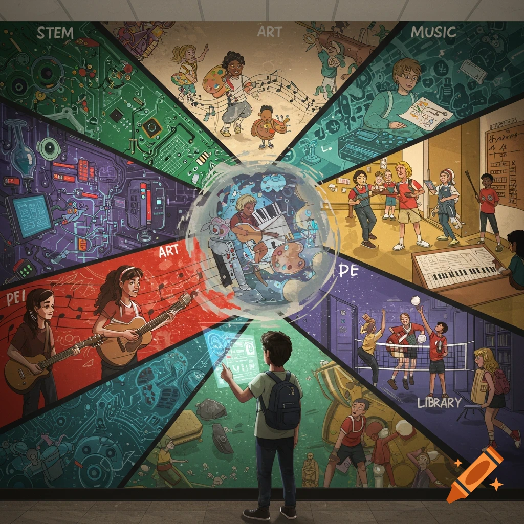 Illustration of a school mural depicting children engaged in STEM, art ...