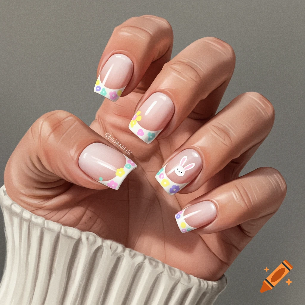 Hand with white French tip nails decorated with colorful flowers and a ...