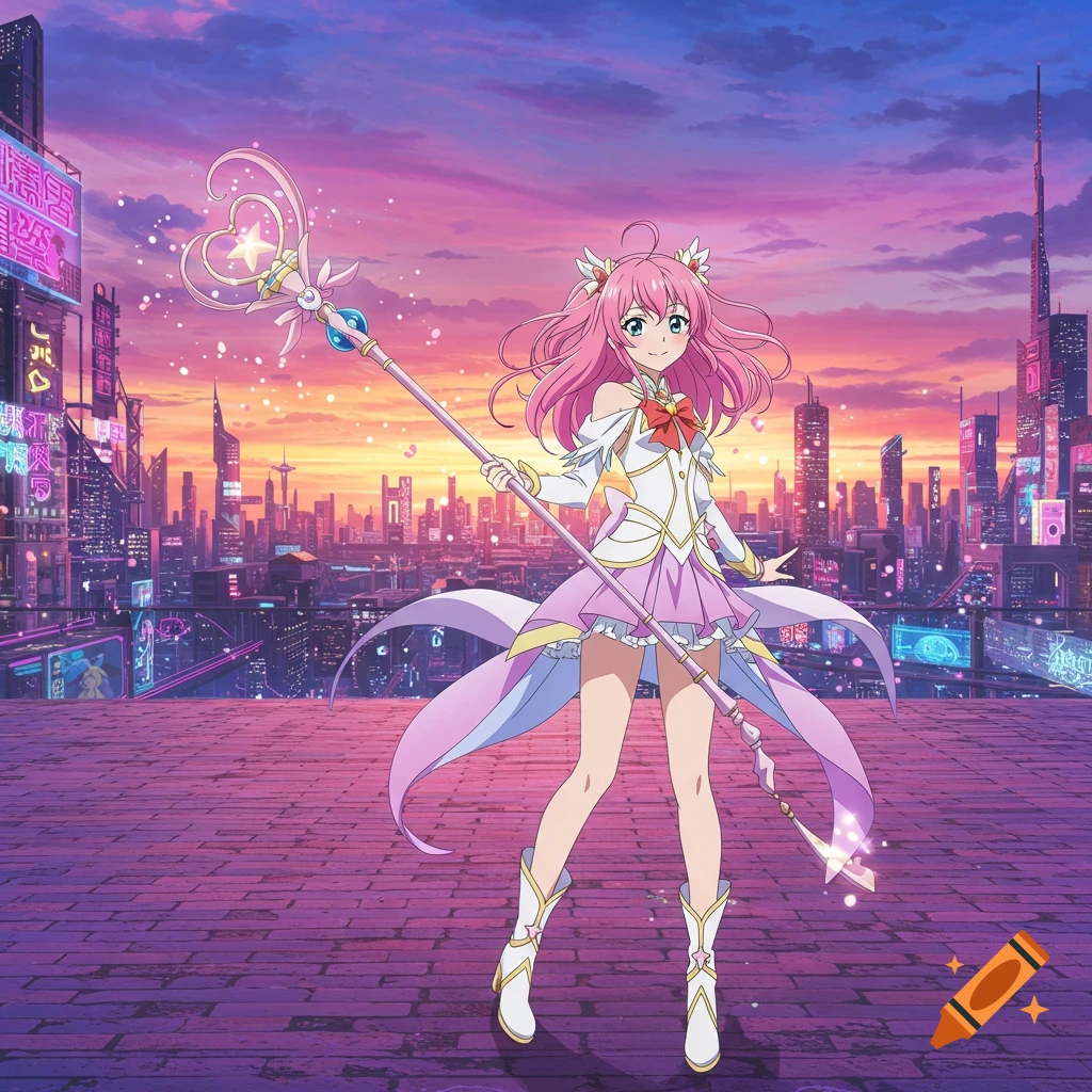 Pink-haired anime magical girl in a white and pink dress holds a staff ...