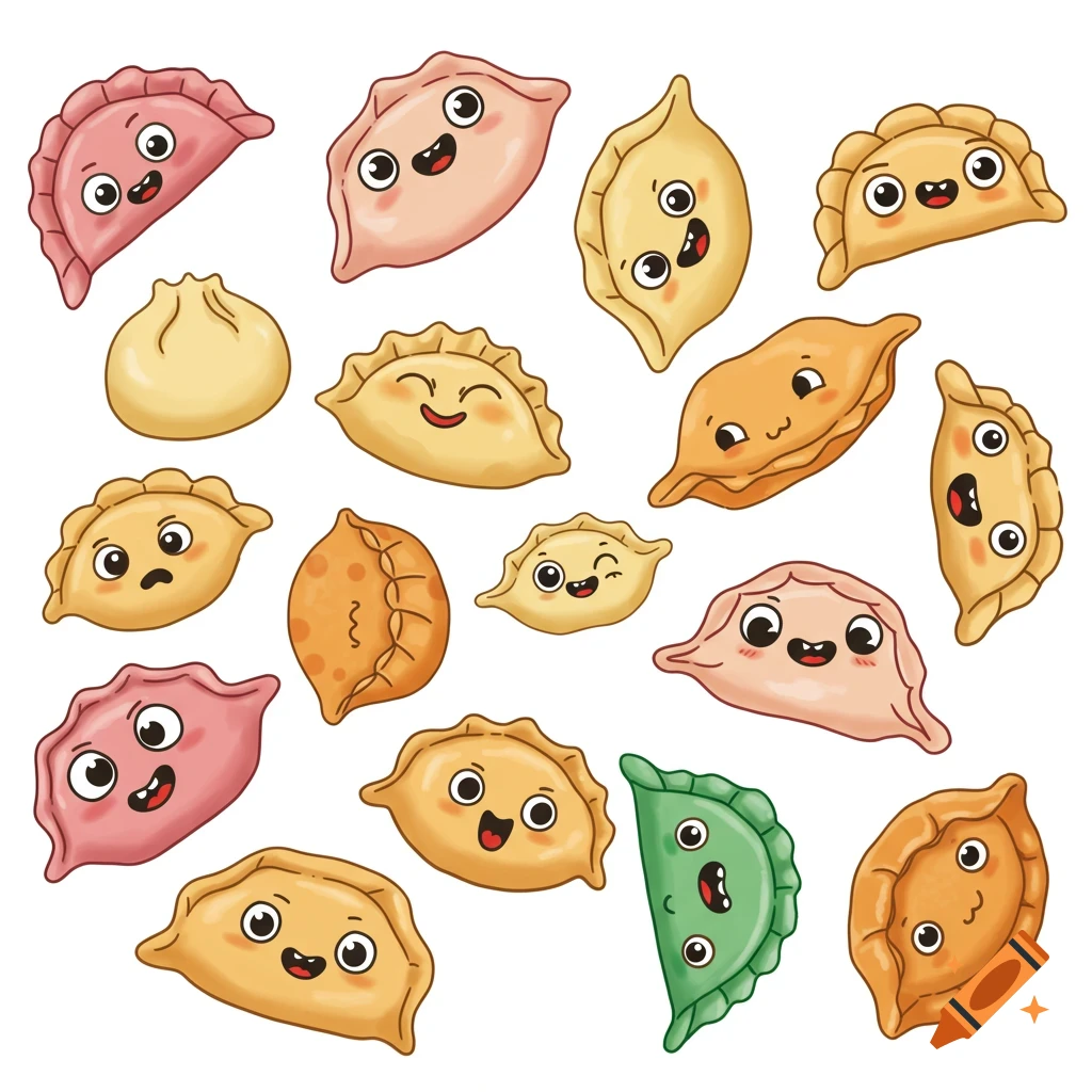 Cartoon illustration of various colorful dumplings with cute faces. on ...