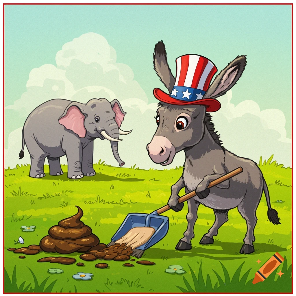 Democratic donkey with USA top hat cleaning up elephant poop on Craiyon