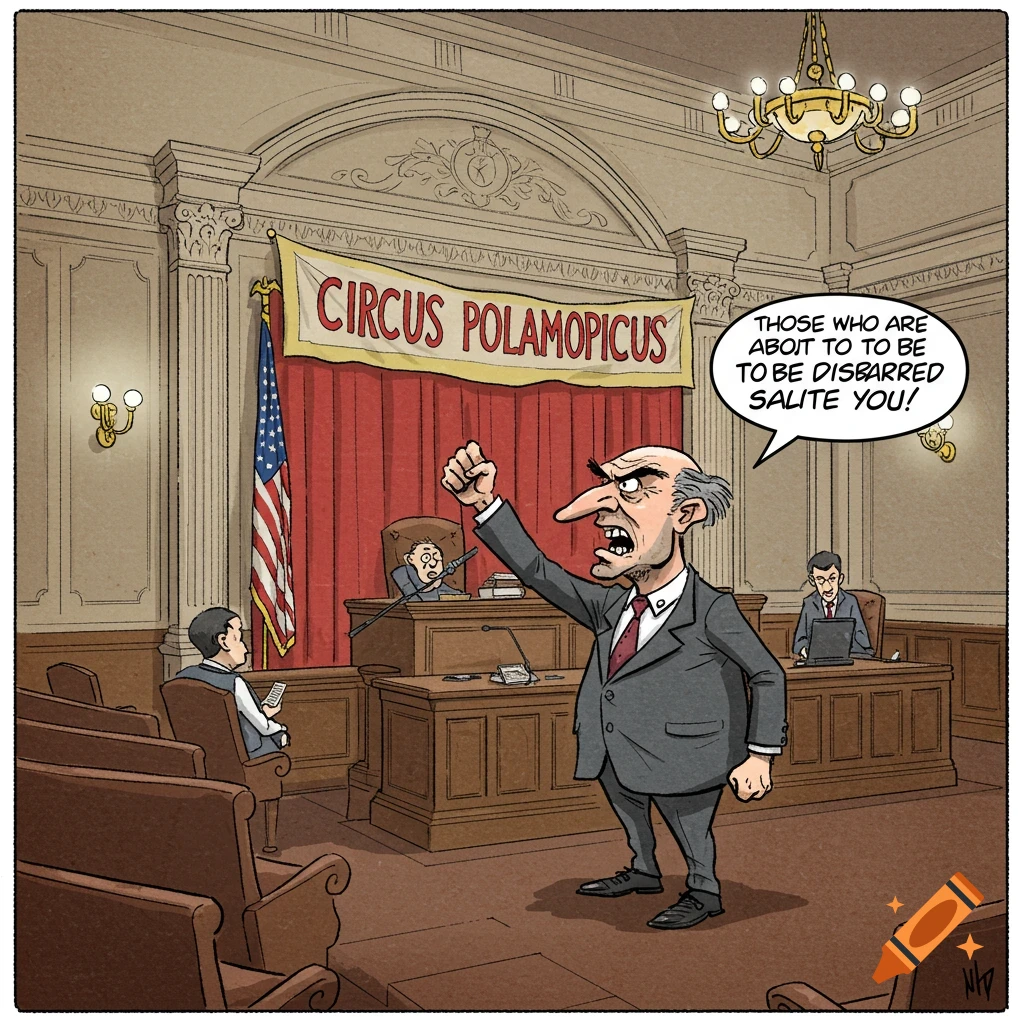 Cartoon of a court scene with an angry lawyer and humorous banner on ...