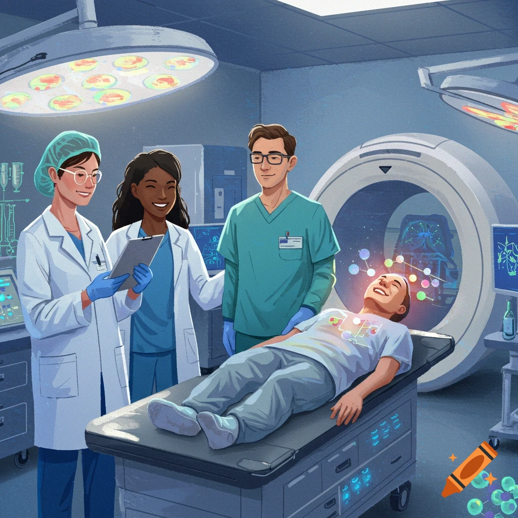 Doctors and a patient in a medical room with a large scanner. on Craiyon