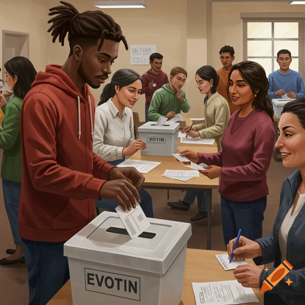 Diverse people voting at a polling station with ballot boxes ...